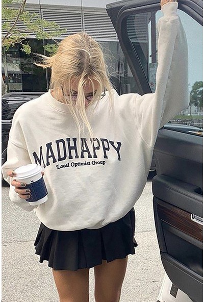Madmext Mad Girls Beyaz Baskılı Oversize Kadın Sweatshirt MG851