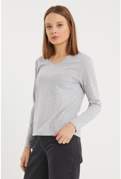 Espina Gri V Yaka Kadın Uzun Kollu Bluz
