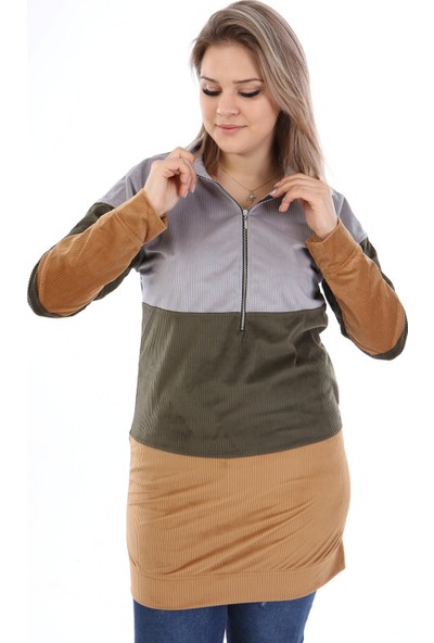 Big Free TB21KB252010 Gri Kadın Kadife Parçalı Yarım Pat Tunik