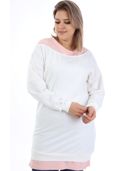 Big Free TB21KB252011 Krem Kadın Yaka Nakışlı Iki Parça Tunik