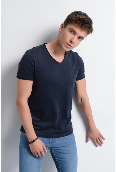 Rodi RD19YE279974 Lacivert Erkek T-Shirt Fırçalı Süprem V Yaka