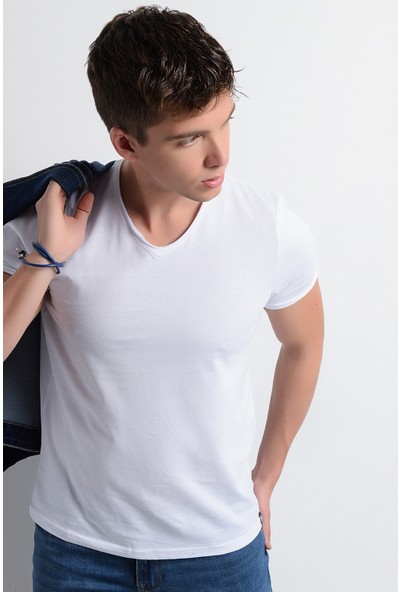 Rodi RD19YE279974 Beyaz Erkek T-Shirt Fırçalı Süprem V Yaka
