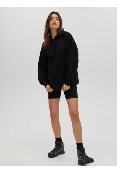 Punky Cat Kadın Siyah Kapşonlu Içi Polarlı Oversize Sweat Punky Cat Kadın Siyah Kapşonlu Içi Polarlı Oversize Sweat