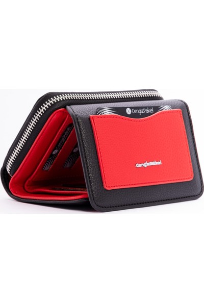 Cengiz Pakel Siyah& Kırmızı Kadın Kartlıklı Küçük Boy Cüzdan