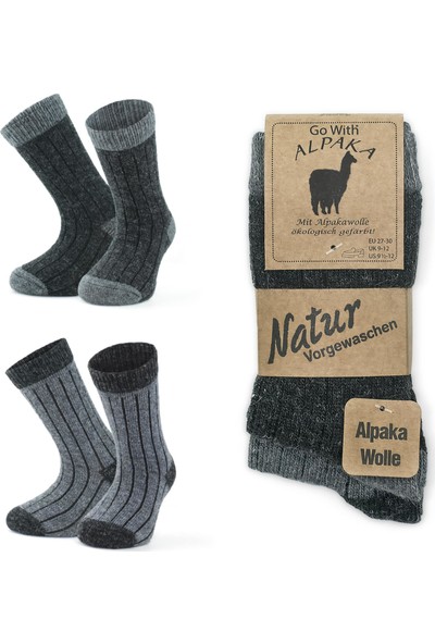 Go With Doğal Alpaka Yünü Antrasit Gri Soft Yün Kışlık Çocuk Çorabı 2 Çift