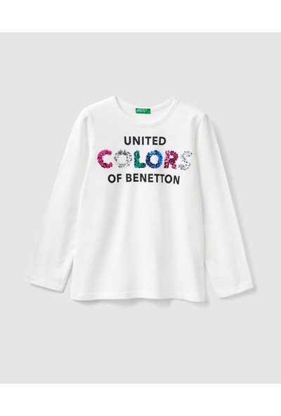Benetton Payetli Logo Yazılı Tişört