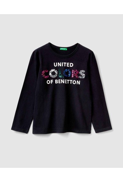 Benetton Payetli Logo Yazılı Tişört