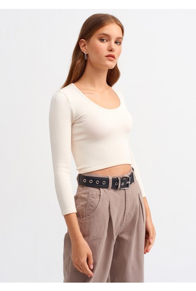 Dilvin Kadın Natural Havuz Yaka Uzun Kollu Crop Top - 3529