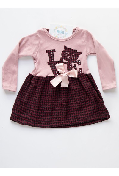 Mika Bebek Love Nakışlı Kız Çocuk Bordo Ekose Dar Kalıp Elbise