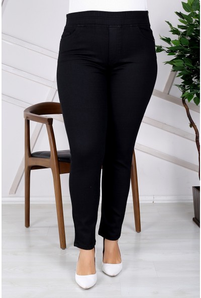 Rmg Yanları Fermuarlı Beli Lastikli Büyük Beden Siyah Kot Pantolon
