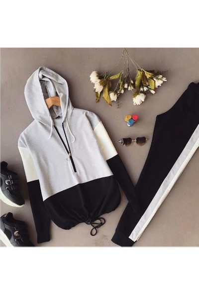 Julyanbutik Kapüşonlu Bayan Baharlık Kumaş Eşofman Takım