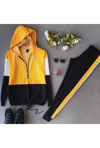 Julyanbutik Kapüşonlu Bayan Baharlık Kumaş Eşofman Takım