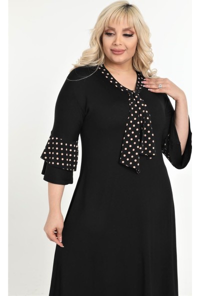 Hera XL Kadın Siyah Kravatlı KahVe Puantiye Detaylı Büyük Beden Elbise