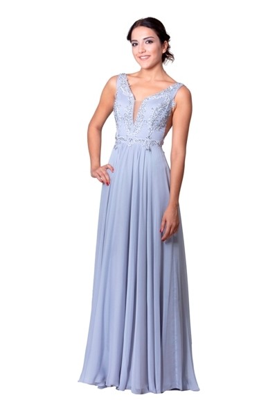 Janjan Şifon Üstü Güpürlü Abiye Elbise Gri