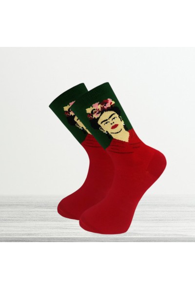 Frida Kahlo Resimli Kırmızı Kadın Soket Çorap - Fk-1 Frida Kahlo Resimli Kırmızı Kadın Soket Çorap - Fk-1