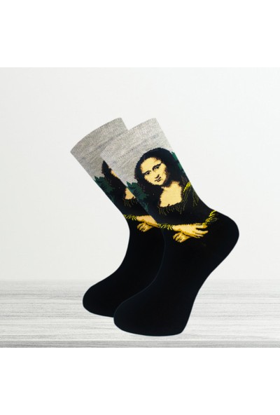 Mona Lisa Resimli Siyah Kadın Soket Çorap - Mls-1