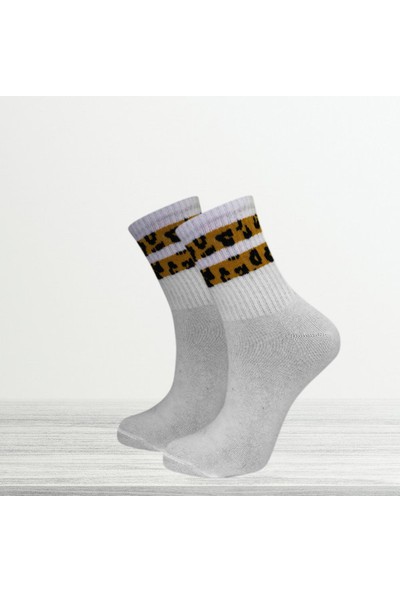 Leopar Desenli Çizgili Beyaz Kadın Soket Çorap - Leo-1
