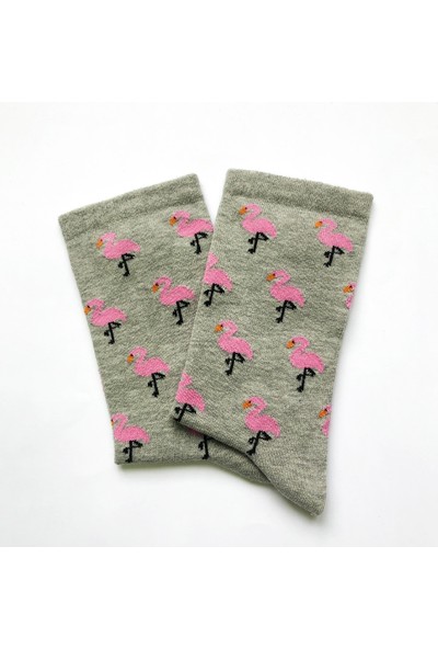 Flamingo Desenli Gri Kadın Soket Çorap - Fldg-1