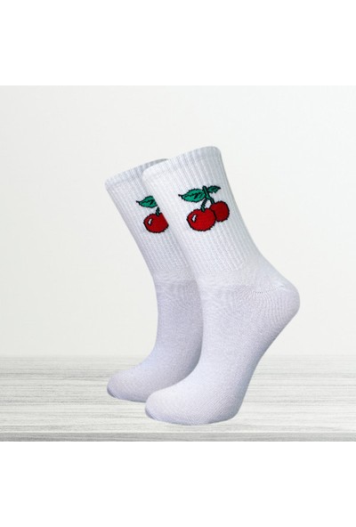 Kiraz Desenli Beyaz Soket Çorap - Kdb-1