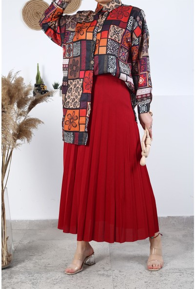 Essah Moda Kadın Kırmızı Piliseli Uzun Etek - ME000229 Essah Moda Kadın Kırmızı Piliseli Uzun Etek - ME000229