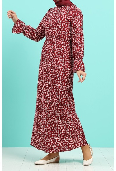 Modaness Bel Büzgülü Kol Volanlı Tesettür Elbise Bordo 4027