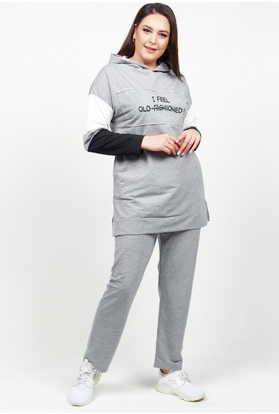Womenice Kadın Gri Old Fashione Büyük Beden Eşofman Takım
