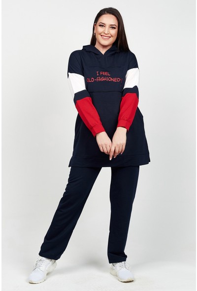 Womenice Kadın Lacivert Old Fashione Büyük Beden Eşofman Takım