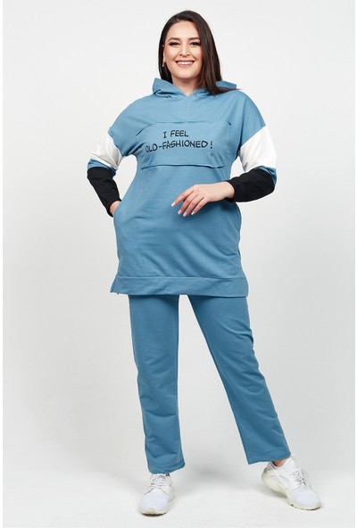 Womenice Kadın Mavi Old Fashione Büyük Beden Eşofman Takım