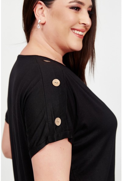 Womenice Kadın Siyah Kolu Düğme Detaylı Büyük Beden Bluz