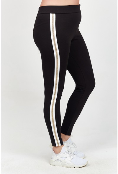 Womenice Kadın Siyah Yanı Gold Sim Şeritli Büyük Beden Tayt