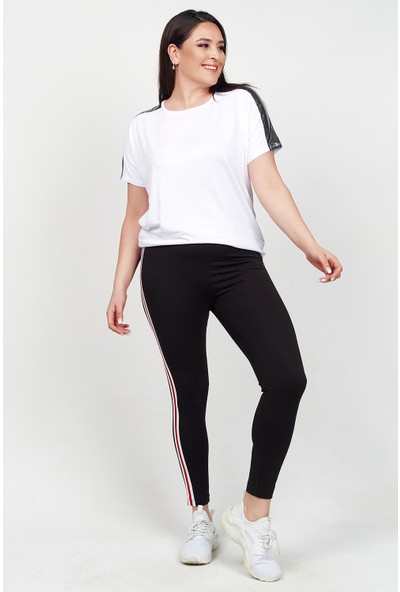 Womenice Kadın Siyah Yanı Kırmızı Beyaz Şeritli Büyük Beden Tayt