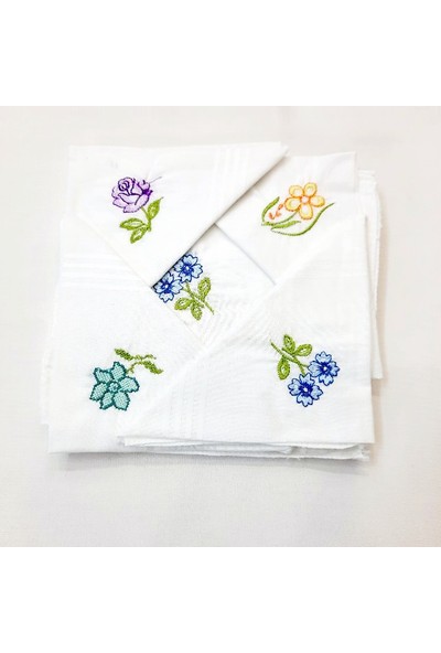 Berkaysundan Pamuklu Nakışlı 12 Adet Kadın Mendili 29X29 cm