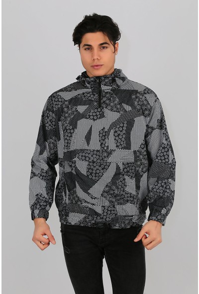 Penyelüx Penyelux Erkek Siyah Geometrik Desenli Yağmurluk