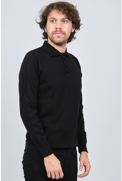 Desen Triko Erkek Düğmeli Polo Yaka Yün Kazak 0249601 Siyah Desen Triko Erkek Düğmeli Polo Yaka Yün Kazak 0249601 Siyah