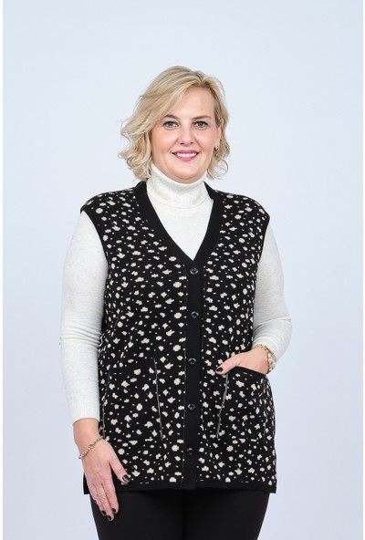 Günay Kadın Torba Cepli Desenli Yelek 0930114 Bej