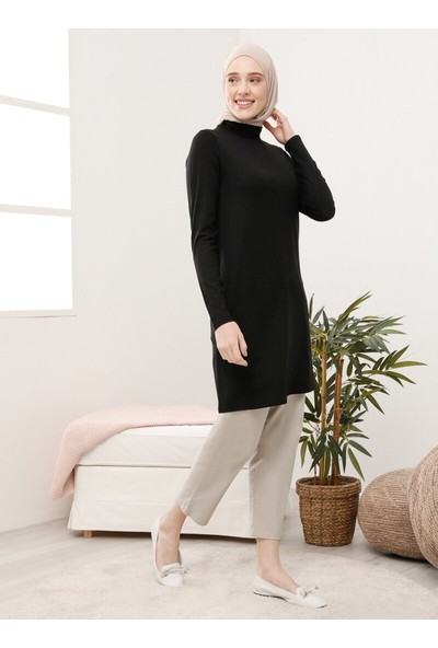 Refka Viskon Kumaşlı Balıkçı Yaka Tunik - Siyah - Refka