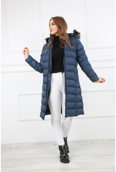 Morwagon Kadın Mavi Kürklü Kapşonlu Şişme Mont