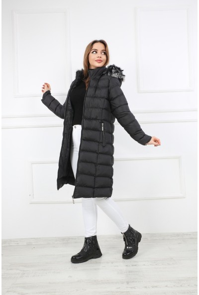 Morwagon Kadın Siyah Kürklü Kapşonlu Şişme Mont
