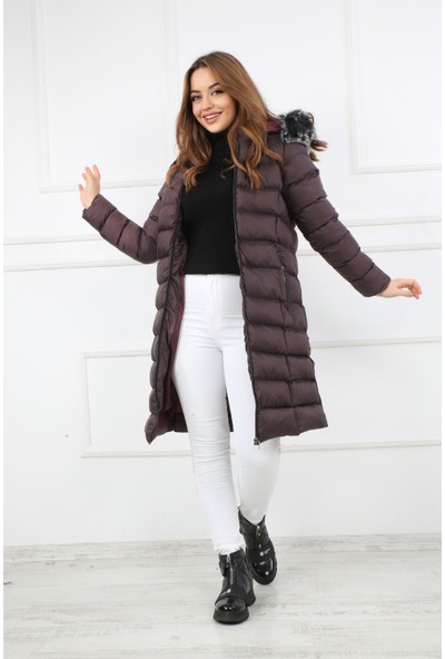 Morwagon Kadın Mürdüm Kürklü Kapşonlu Şişme Mont