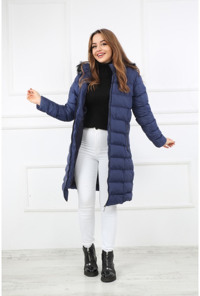 Morwagon Kadın Lacivert Kürklü Kapşonlu Şişme Mont