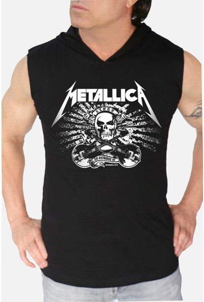 Rock & Roll Metallica Kurukafa Siyah Kapşonlu Kolsuz T-Shirt Rock & Roll Metallica Kurukafa Siyah Kapşonlu Kolsuz T-Shirt