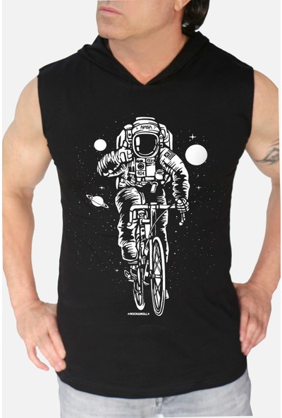 Rock & Roll Bisikletli Astronot Siyah Kapşonlu Kolsuz T-Shirt