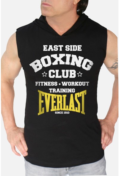 Rock & Roll Boks Kulübü Siyah Kapşonlu Kolsuz T-Shirt