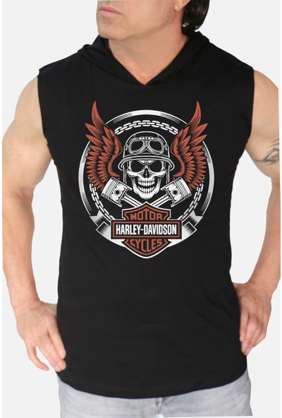 Rock & Roll Motorcu Kurukafa Siyah Kapşonlu Kolsuz T-Shirt Rock & Roll Motorcu Kurukafa Siyah Kapşonlu Kolsuz T-Shirt