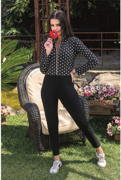 Penyelüx Üstü Puantiyeli Altı Siyah Fermuarlı Kadın Spor Tulum