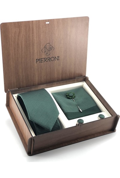 Pierroni Yeşil Kravat 4'lü Özel Ahşap Kutulu Set