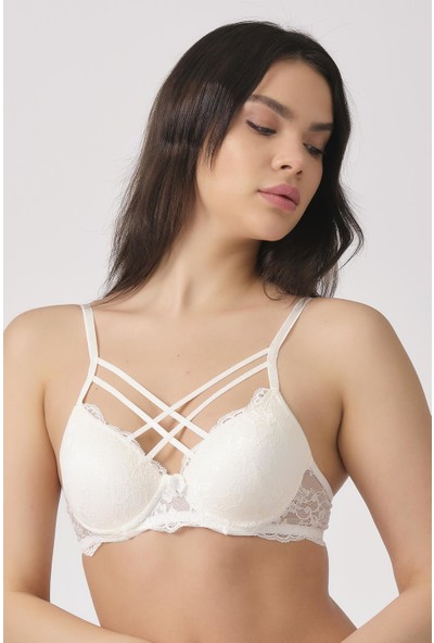 Belza İç Giyim Kadın Ekru Dantelli Önü Çapraz İpli Desteksiz Sütyen