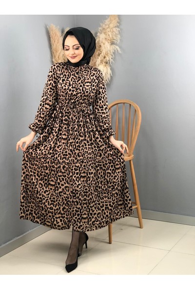 Lugmo Leopar Desenli Tesettür Abiye Elbise Pamuklu