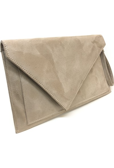 Womenacs Bej Renk Süet Kadın Abiye Portföy Clutch Çanta Bol Gözlü Mıkanatıslı Kapak Uzun Askılı