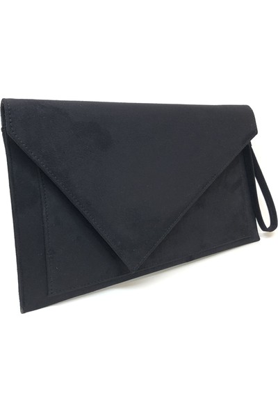 Womenacs Siyah Renk Süet Kadın Abiye Portföy Clutch Çanta Bol Gözlü Mıkanatıslı Kapak Uzun Askılı